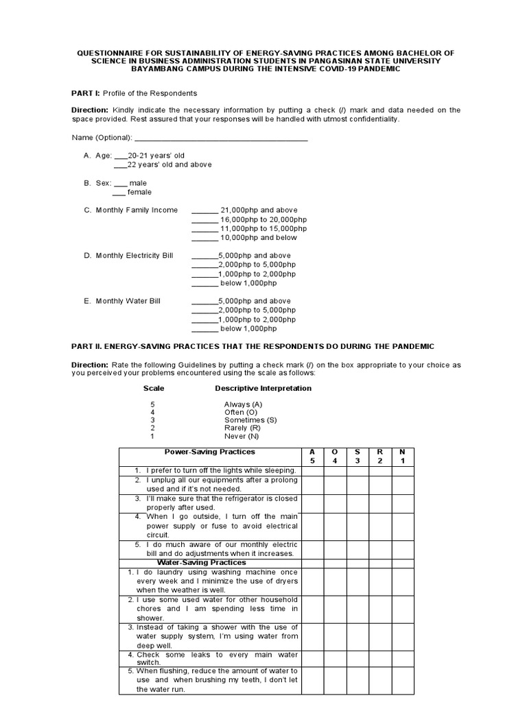 Survey Questionnaire 1 2 | PDF | Energy Conservation | Water
