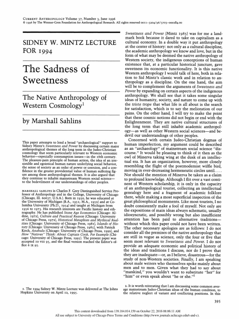 Sahlins, M. (1996) The Sadness of Sweetness. The Native Anthropology of ...