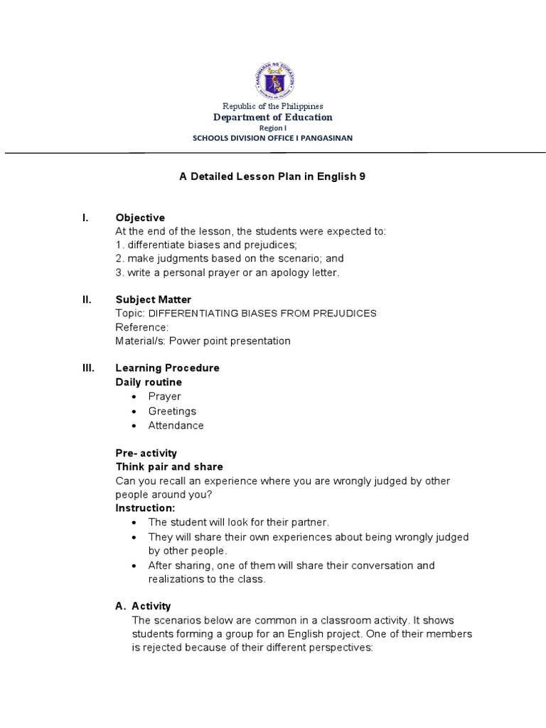 Lesson Plan: Bias vs. Prejudice in English 9 | PDF | Prejudices | Bias