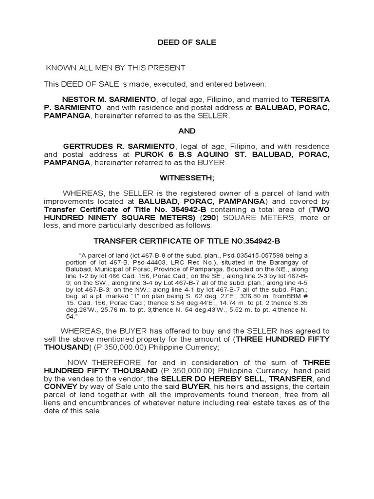 DEED OF ABSOLUTE SALE - Pampanga Porac For Checking NG Details | PDF ...