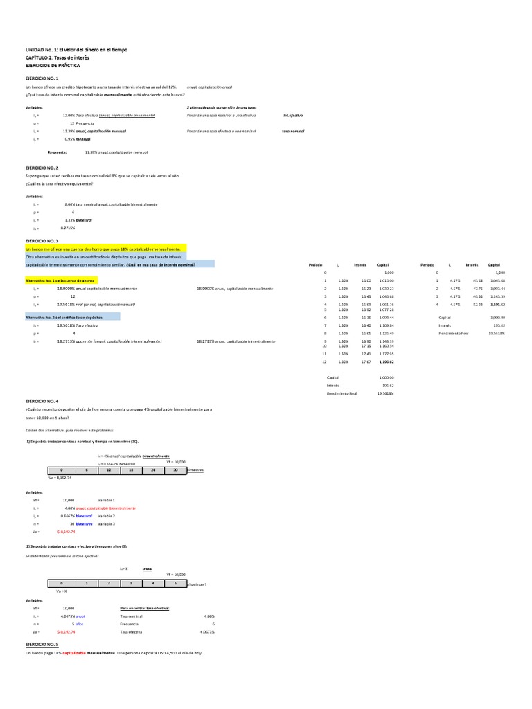 EJEMPLO Ejercicios Unidad 01.02 Tasas de Interés EST | PDF | Interés | Tasas de interés