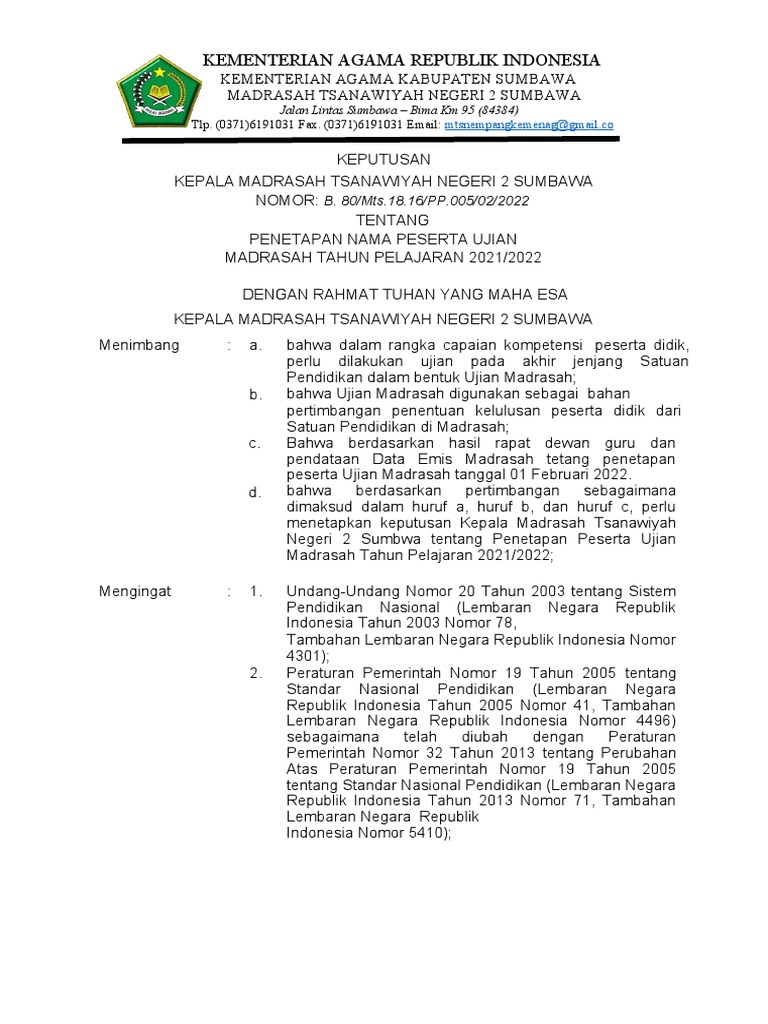 SK Penetapan Peserta Ujian Madrasah 2022 | PDF SK Penetapan Peserta Ujian Madrasah 2022 | PDF