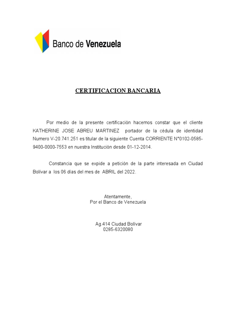 Certificación Bancaria de Katherine Abreu | PDF