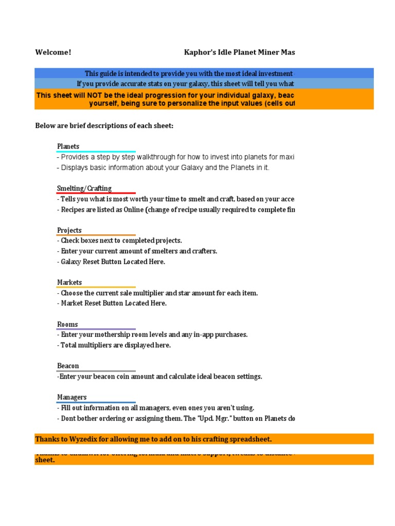 Idle Planet Miner Mastersheet v1.7 | PDF | Return On Investment | Platinum