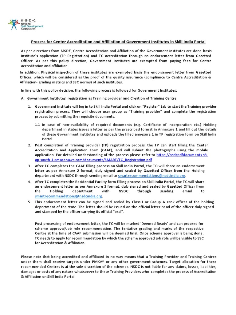 Process For Center Accreditation and Affiliation of Government ...