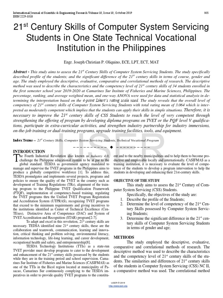21st Century Skills of Computer System Servicing Students in One State ...