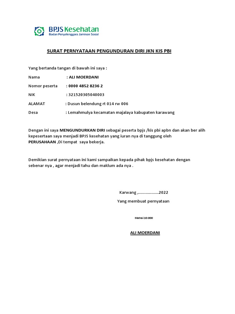 Surat Pernyataan Pengunduran Diri JKN Kis Pbi | PDF
