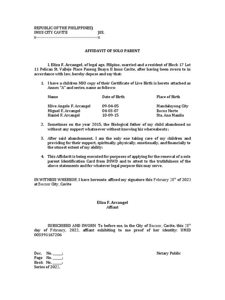 Affidavit for Solo Parent ID Renewal | PDF | Politics