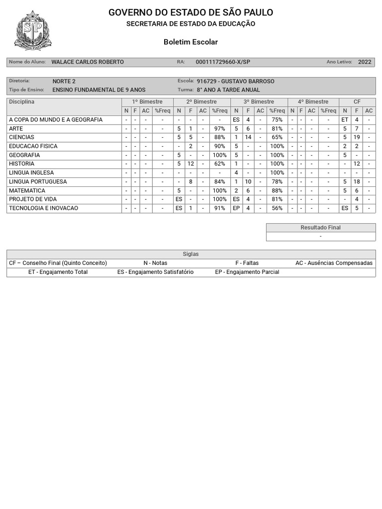 Boletim Escolar Do Aluno | PDF