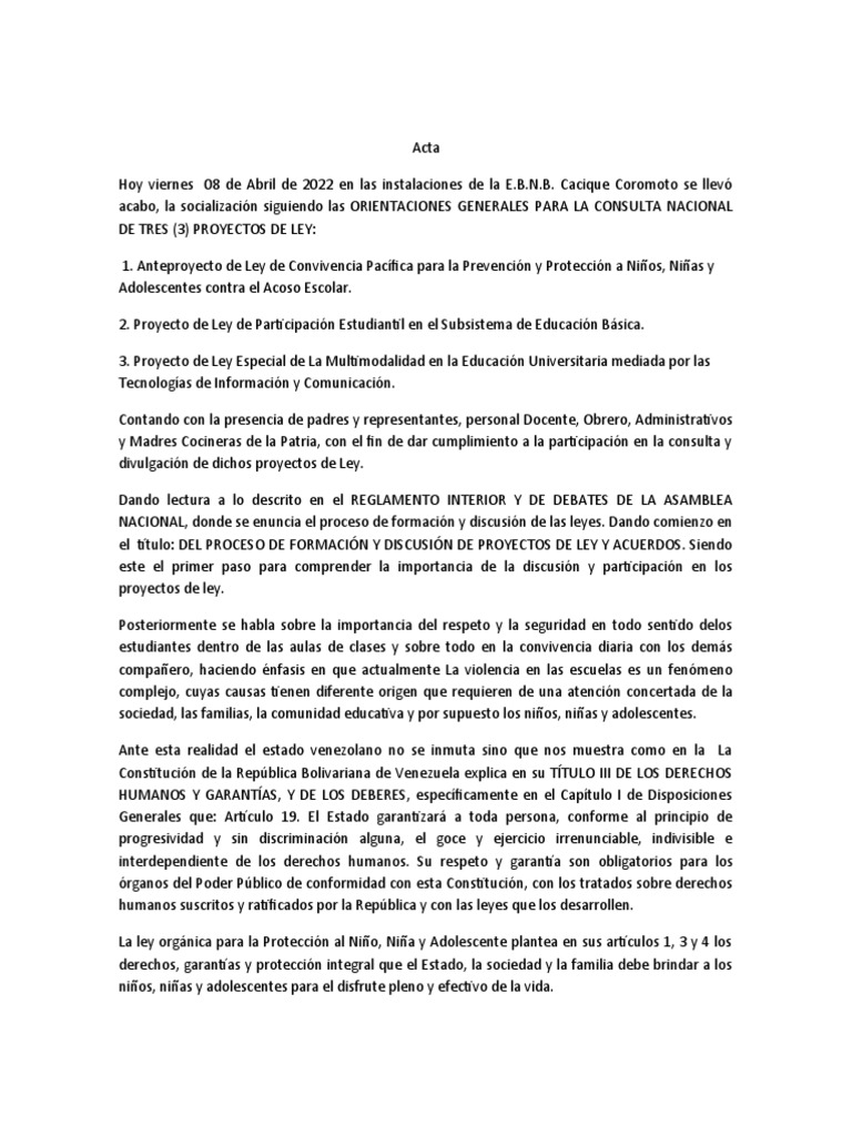 Acta Socializacion Proyecto de Ley | PDF | Igualdad de género | Estudios de género