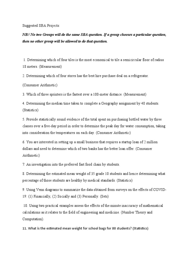 Suggested SBA Projects | PDF | Statistics | Mean