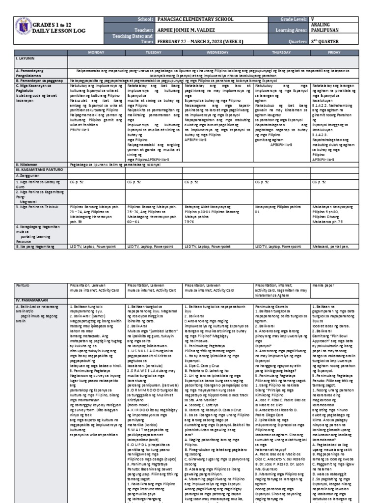 DLL - Araling Panlipunan 5 - Q3 - W3 | PDF