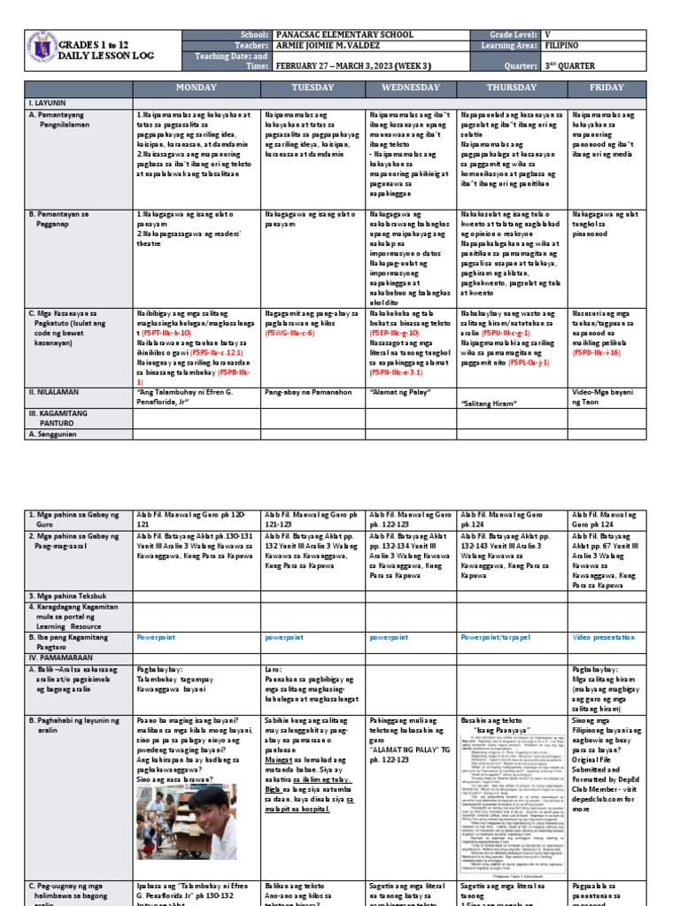 DLL - Filipino 5 - Q3 - W3 | PDF