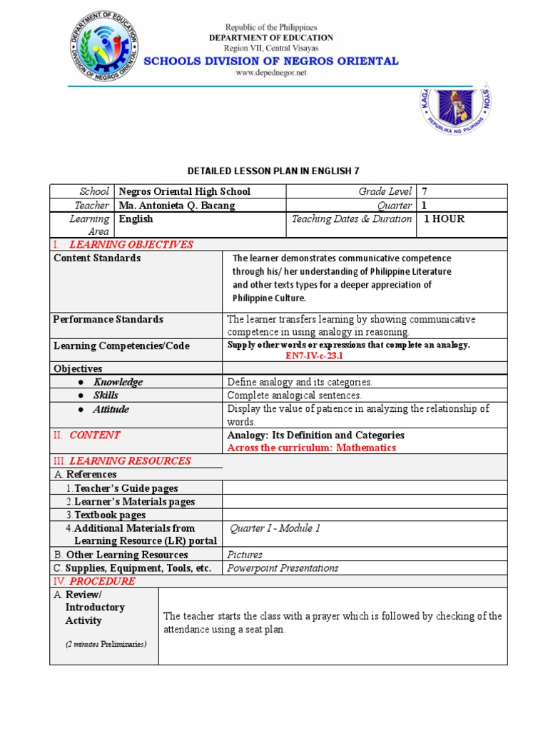 English-7 Q-1 M-1.doc. Lesson Plan | PDF | Learning | Analogy