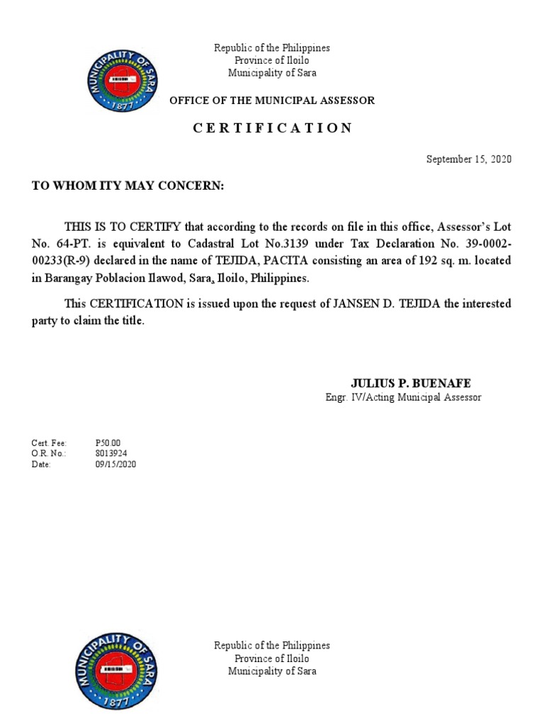 Lot Certification for Property Claims | PDF | Finance & Money Management