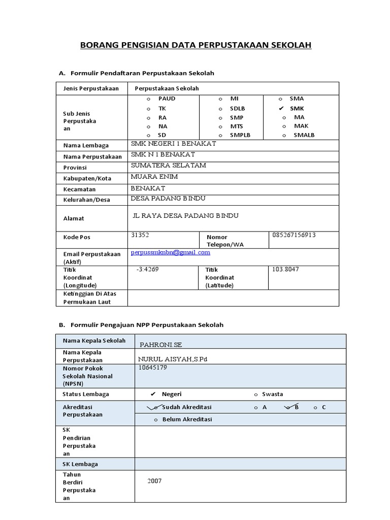 Borang Pengisian Data Perpustakaan Sekolah | PDF Borang Pengisian Data Perpustakaan Sekolah | PDF