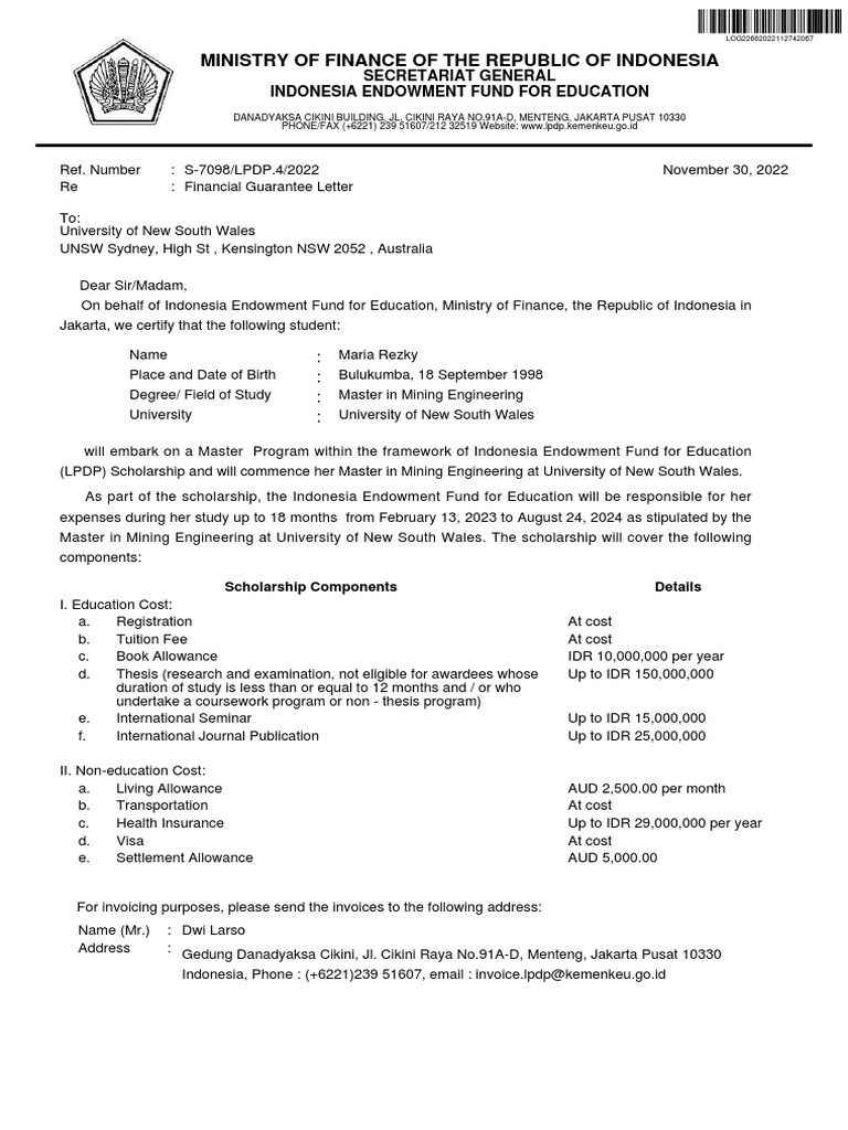 Financial Guarantee Letter for LPDP Scholarship Recipient Pursuing a ...