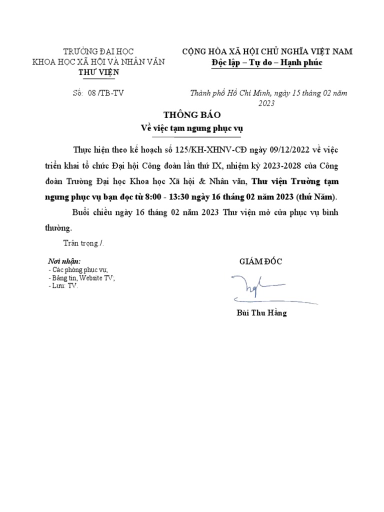 TB VV Tam Ngung Phuc Vu TV Hop Dai Hoi Cong Doan | PDF