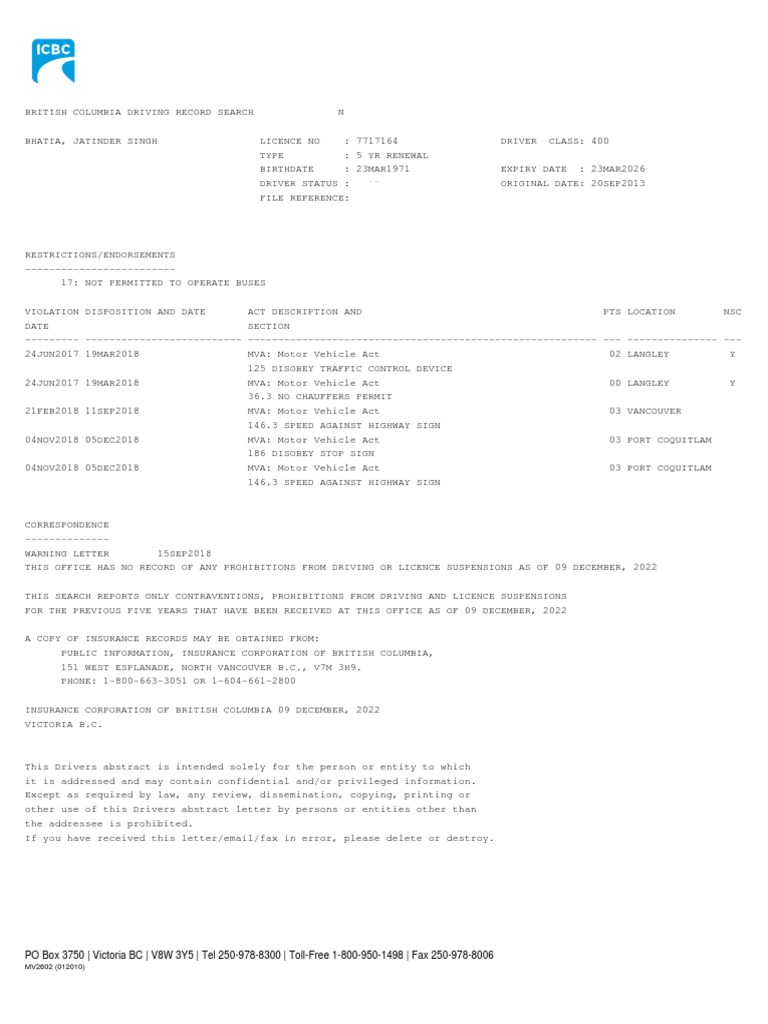 BHATIA Commercial-Driving-Record | PDF | British Columbia | Vehicles