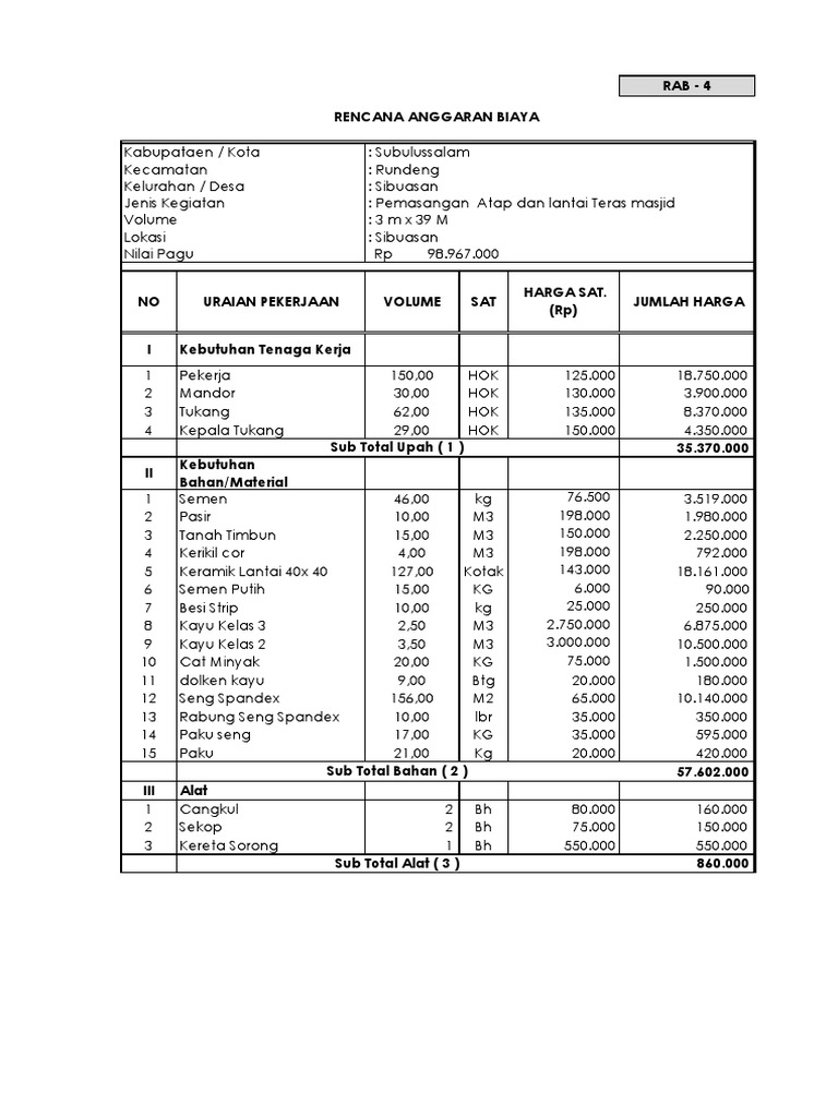 Pembangunan Atap Teras Masjid | PDF