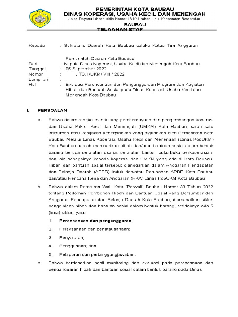 Telaahan Staf TTG Bansos Dan Hibah | PDF