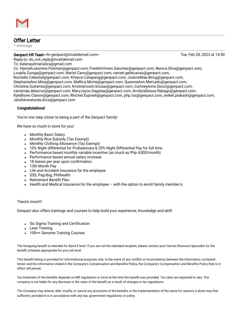 Gmail - Offer Letter | PDF | Employment | Compensation And Benefits