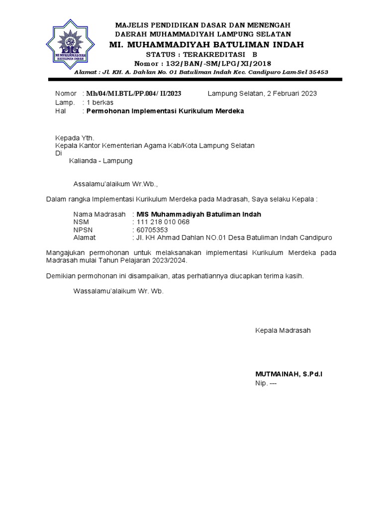 Surat Permohonan IKM MI MUHAMMADIYAH TP. 2023 2024 | PDF