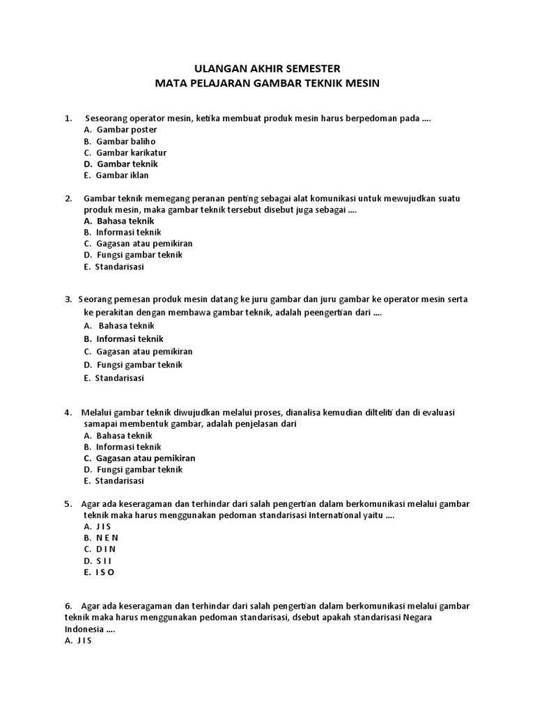 Ulangan Gambar Teknik Mesin Klas X | PDF
