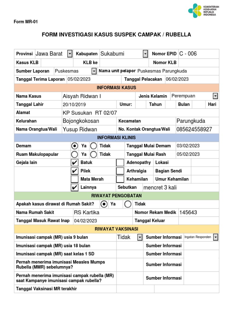 MR01 Form Investigasi Kasus Suspek Campak Rubella | PDF