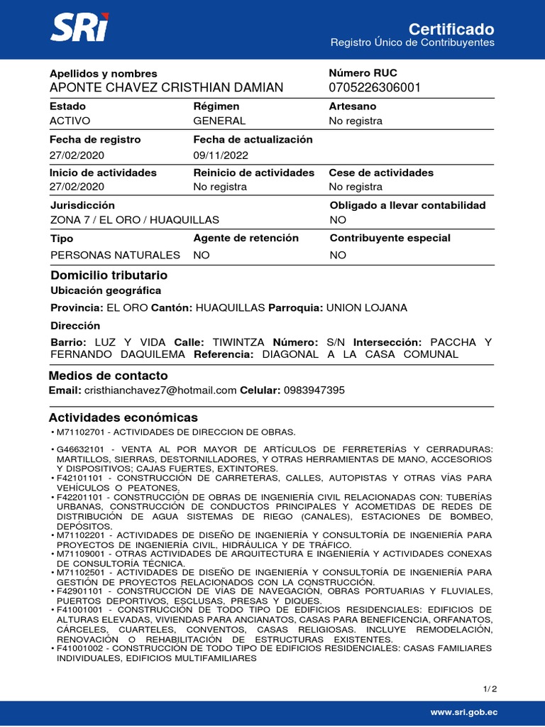 RUC Activo de Cristhian Aponte | PDF | Ingeniería