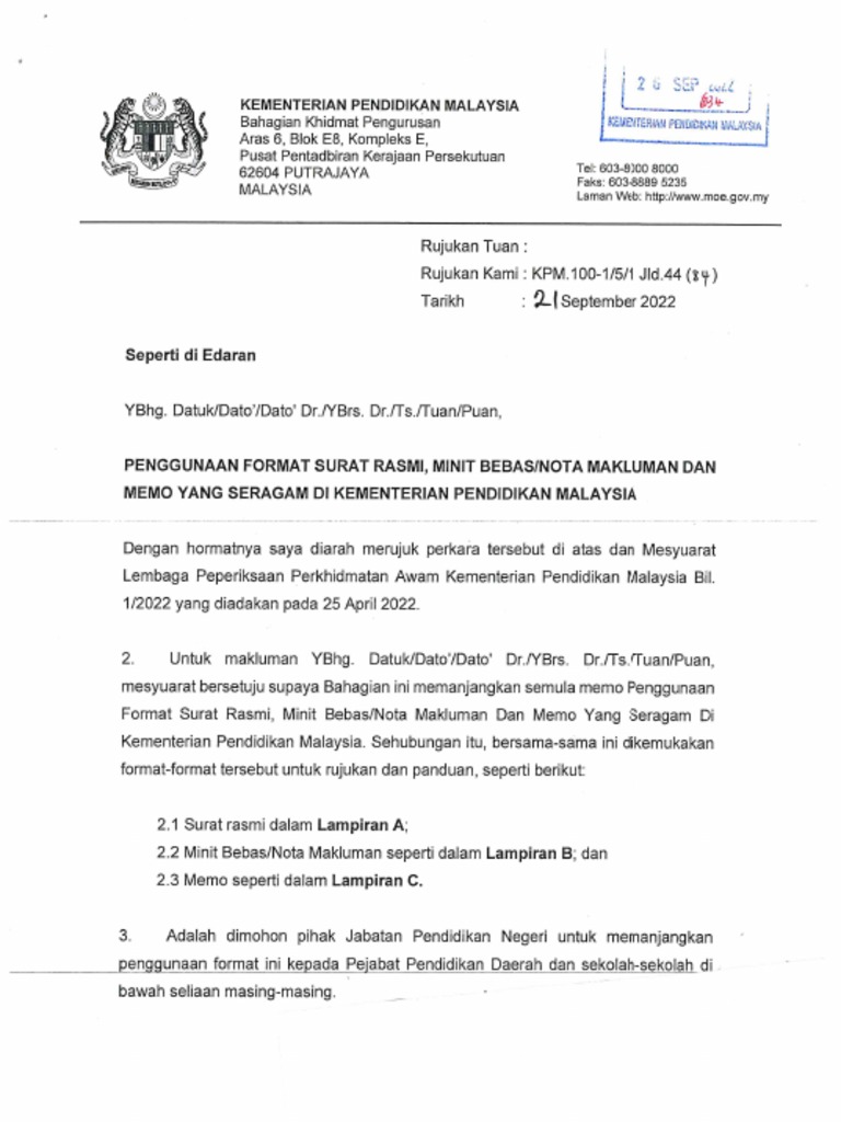 Penggunaan Format Surat Rasmi, Minit Bebas@nota Makluman Dan Memo Seragam Di Kementerian ...