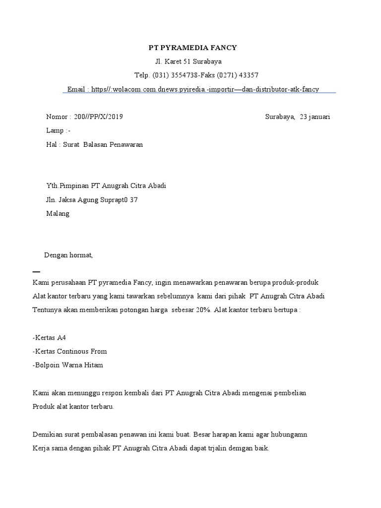 PT PYRAMEDIA FANCY MENJAWAB PENAWARAN PT ANUGRAH CITRA ABADI | PDF