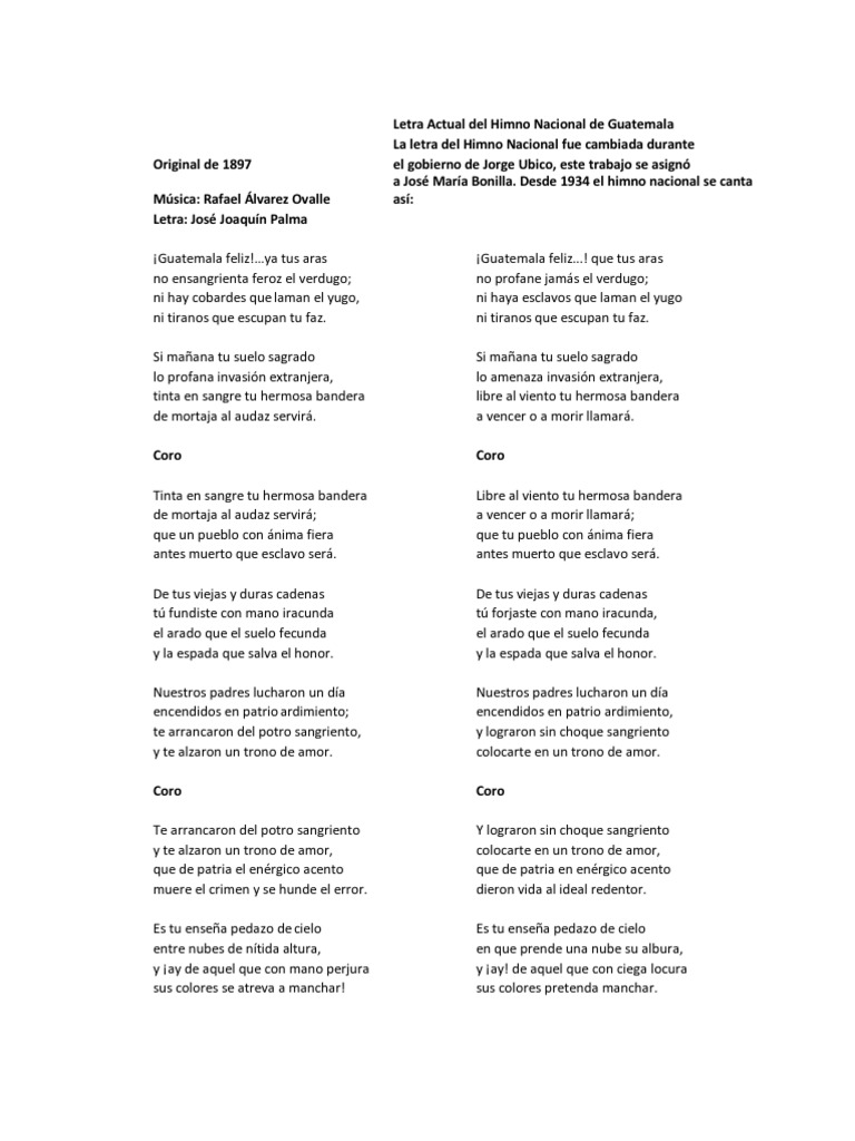 Letra Actual Del Himno Nacional de Guatemala | PDF