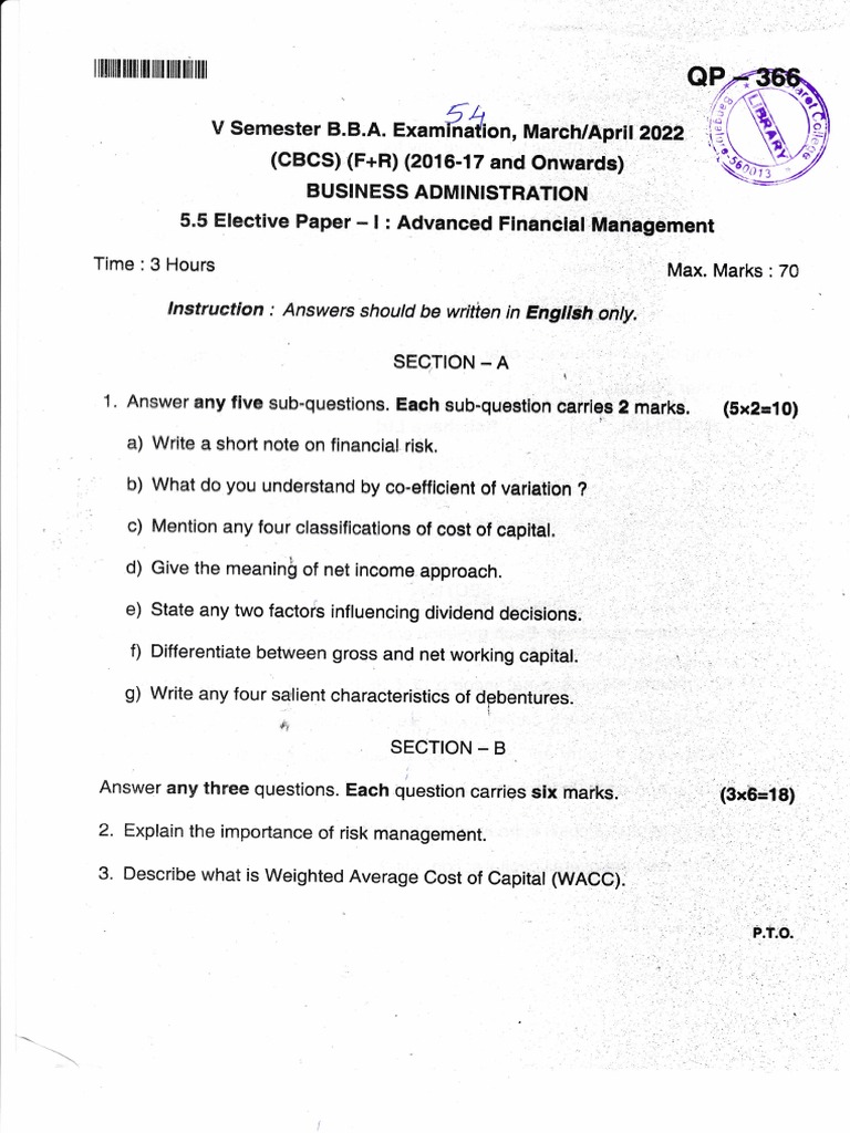Bangalore University Previous Year Question Paper AFM 2022 | PDF | Cost Of Capital | Economies