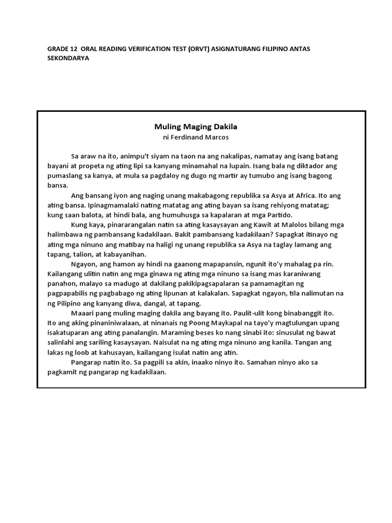 Grade 12 Oral Reading Verification Test | PDF