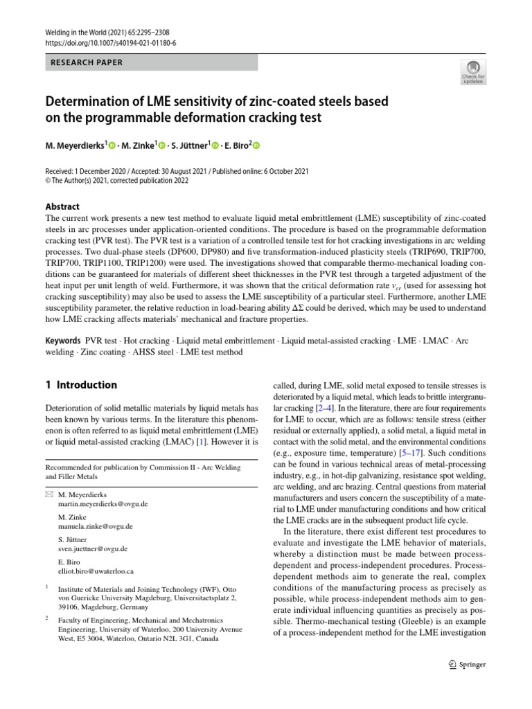 Determination Of Lme Sensitivity Of Zinc Coated Steels Based On The Programmable Deformation