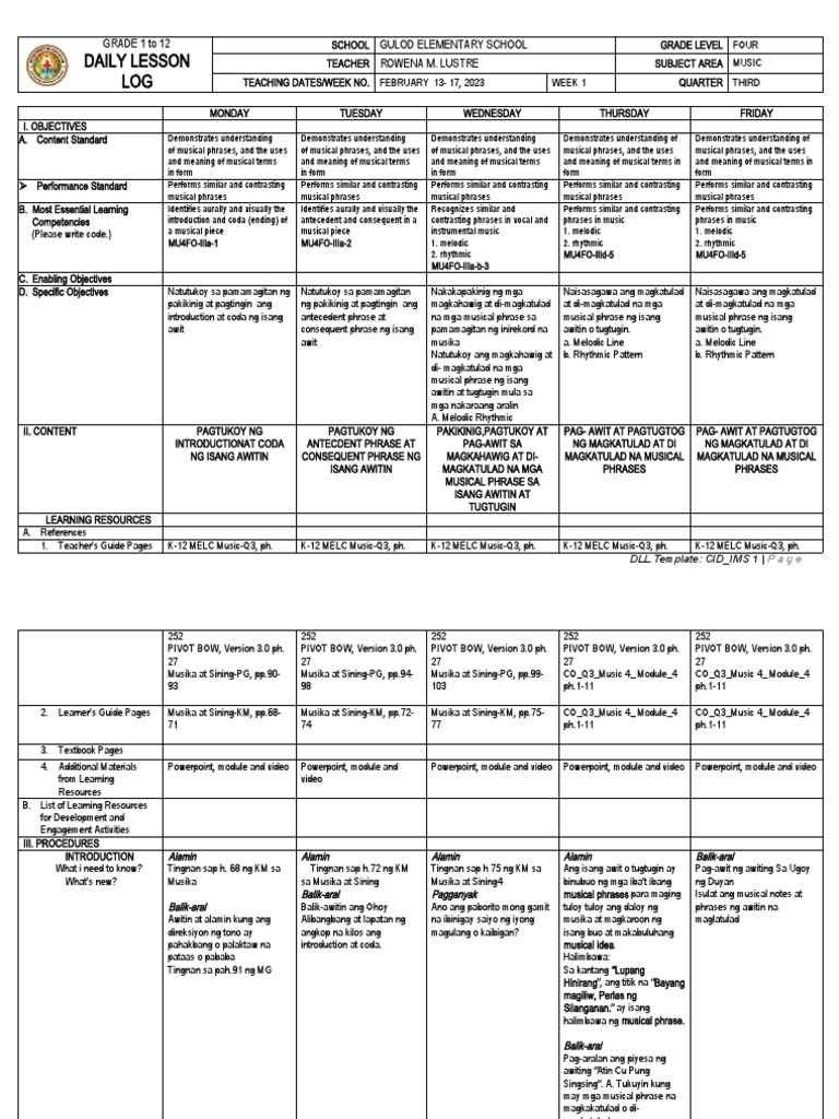 DLL Quarter 3 Week1 Music4 | PDF | Behavior Modification | Performing Arts