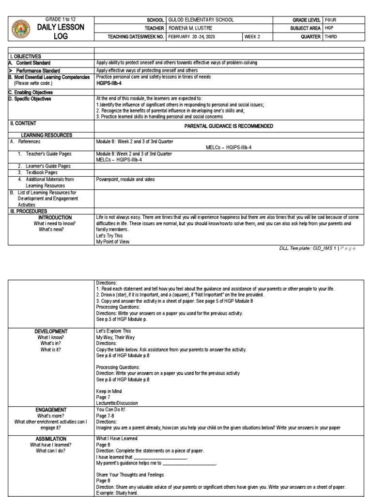 Grade 4 HGP Lesson Plan: Parental Guidance | PDF | Learning | Teachers