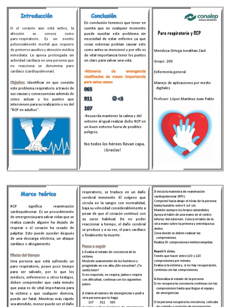 Triptico RCP ENFE18 Jonathan | PDF | Reanimación cardiopulmonar | Paro cardíaco