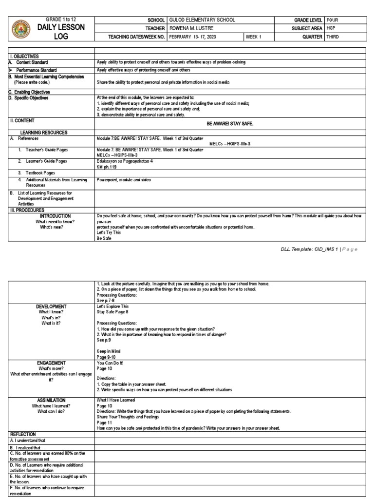 Grade 4 DLL Q3 Week 1: Stay Safe | PDF | Learning | Social Media