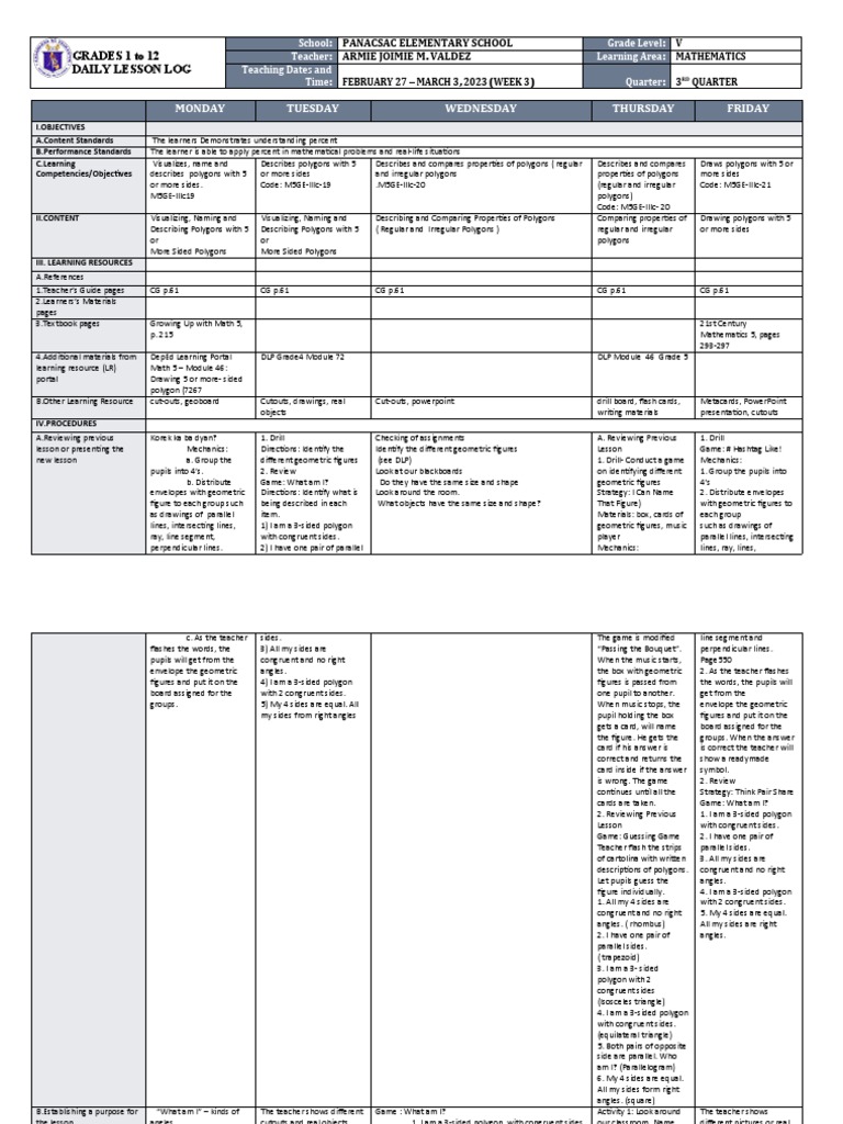 DLL - Mathematics 5 - Q3 - W3 | PDF | Triangle | Geometry