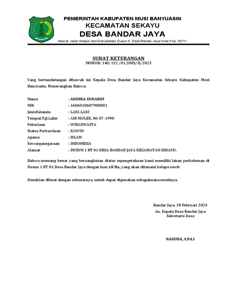 Surat Keterangan Lahan Kelapa Sawit | PDF