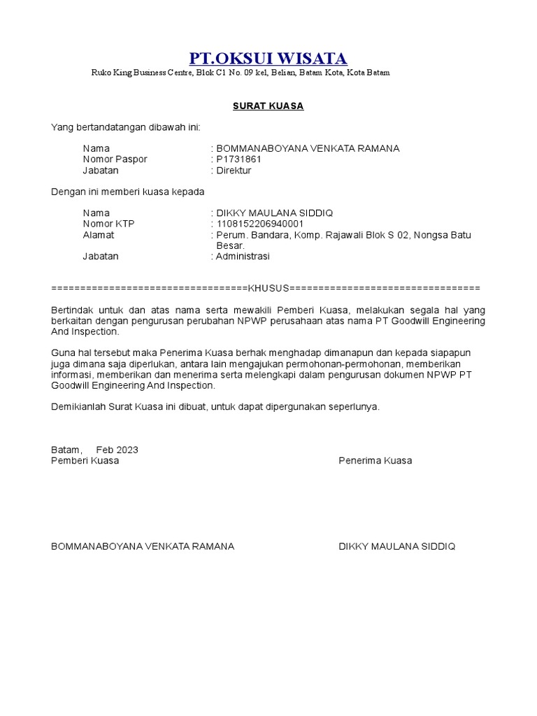 Surat Kuasa NPWP PT Goodwill | PDF