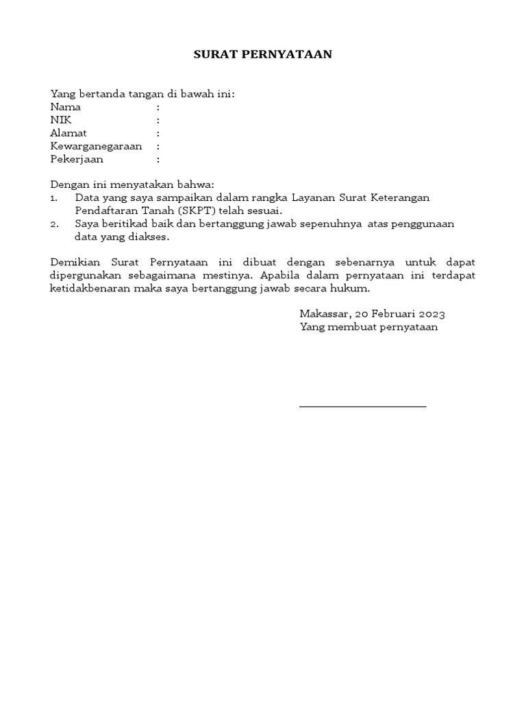 Format Surat Pernyataan SKPT | PDF