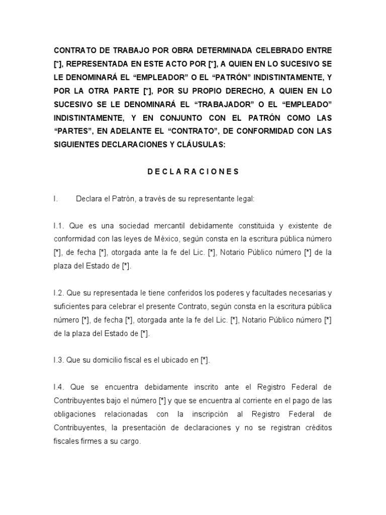 Machote de Contrato Individual de Trabajo Por Obra Determinada | PDF | Derecho laboral | Salario