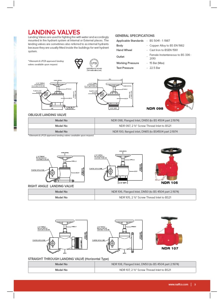 NAFFCO Landing Valves and Angle Hose Valves: Specifications and Models | PDF | Valve | Screw
