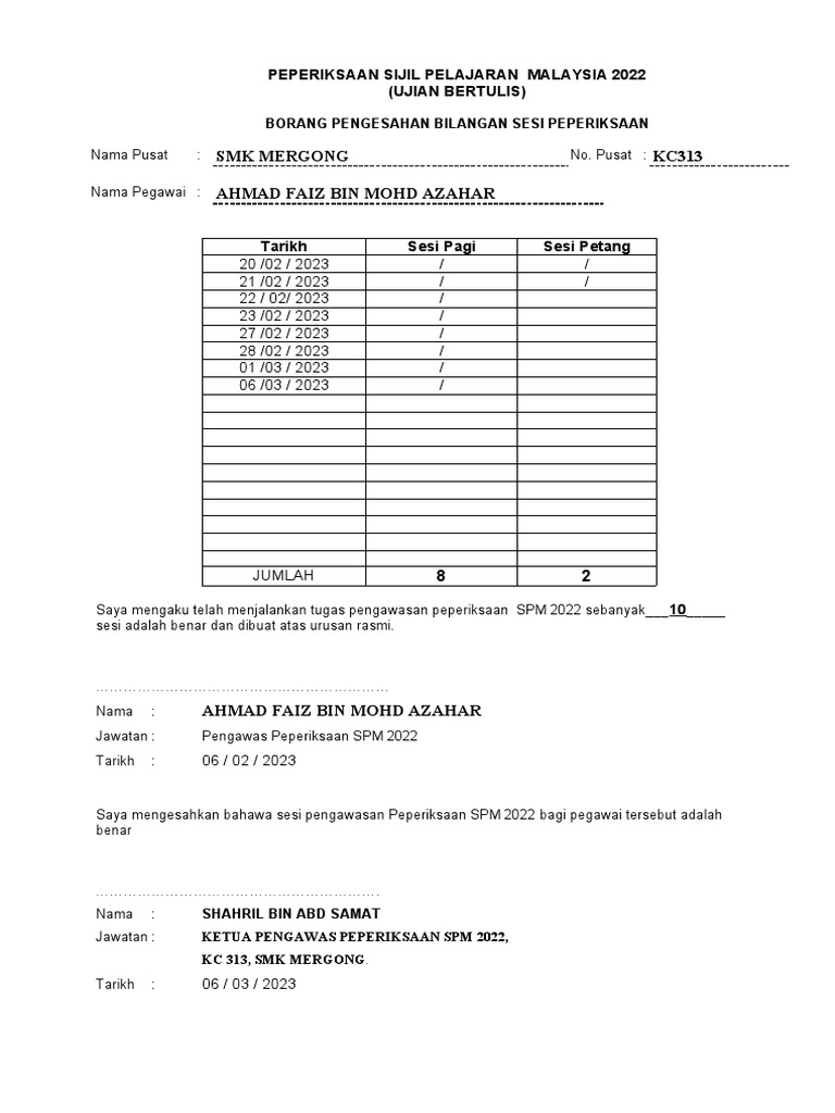 Pengesahan Bil Sesi Pep. PK Uas SPM 2022 | PDF