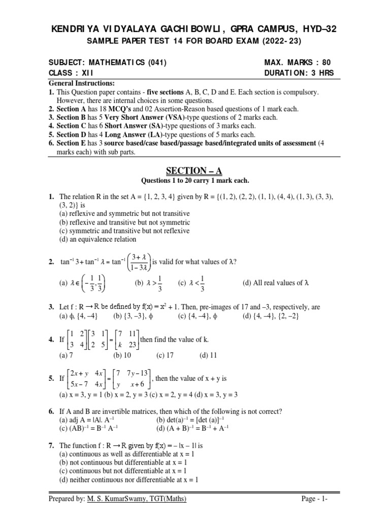Maths Class Xii Sample Paper Test 14 For Board Exam 2023 | PDF ...