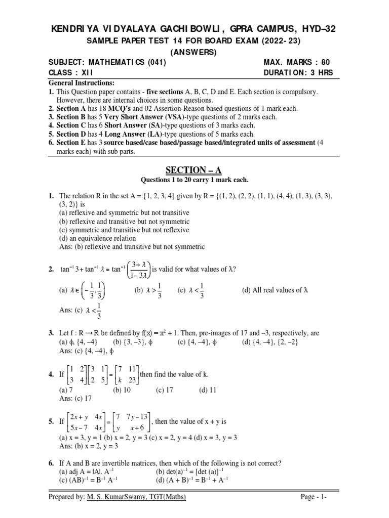 Maths Class Xii Sample Paper Test 14 For Board Exam 2023 Answers | PDF ...