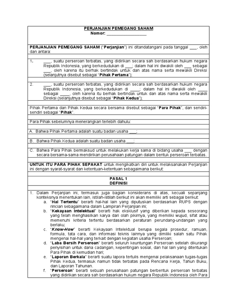 Template - Perjanjian Pemegang Saham | PDF